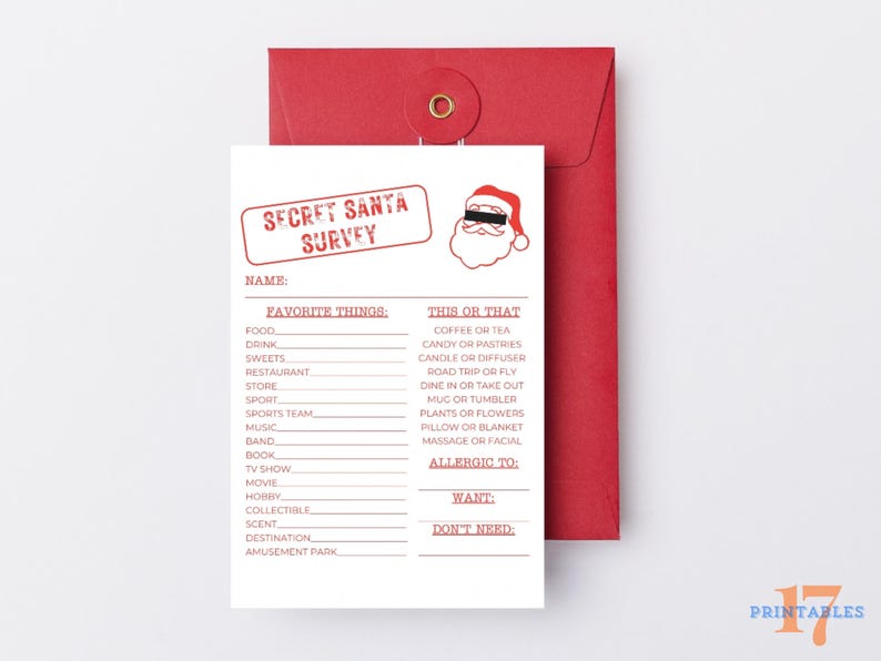 Secret Santa Questionnaire Printable Christmas Gift Exchange Survey ...