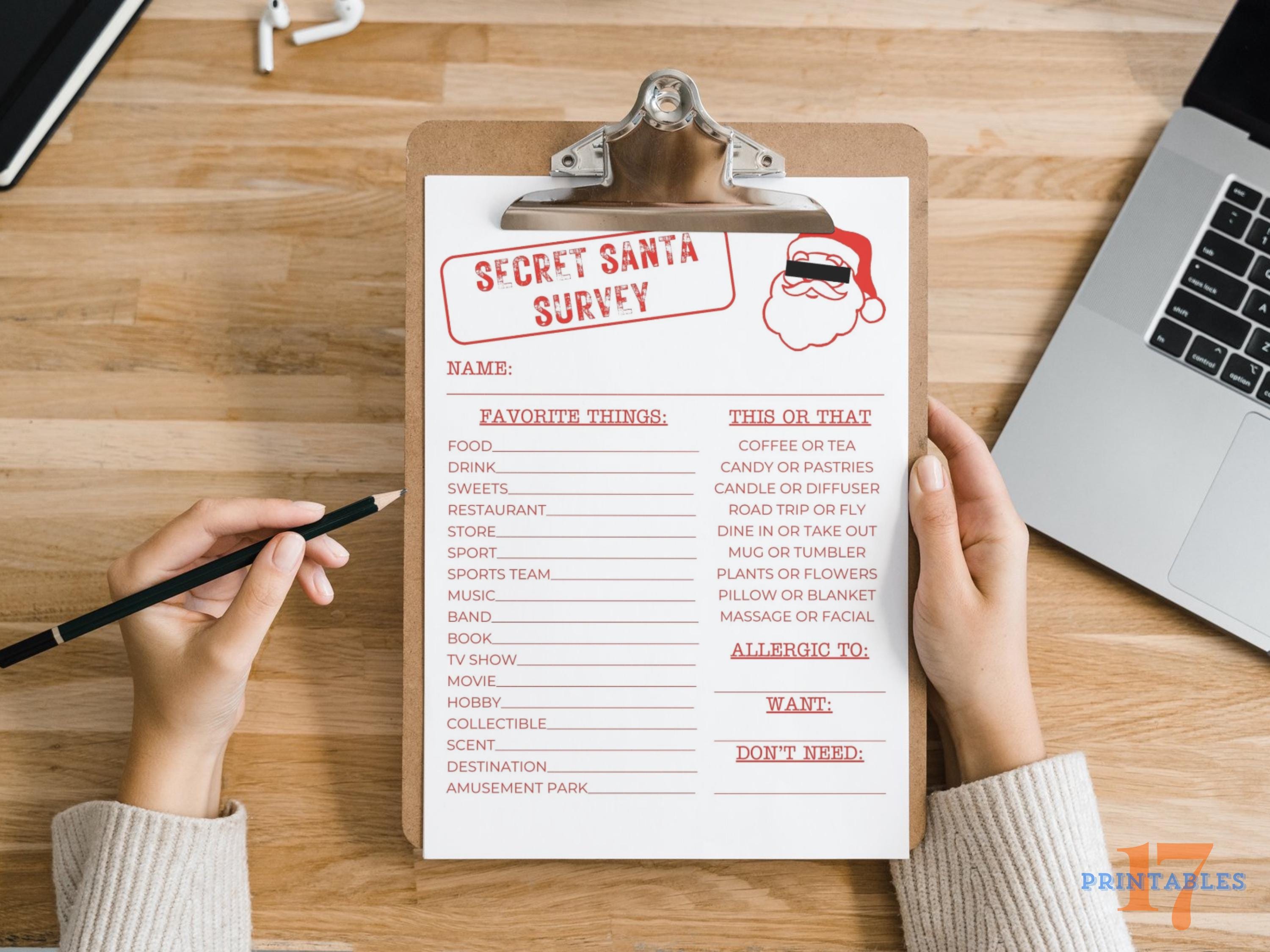 Secret Santa Questionnaire Printable Christmas Gift Exchange Survey ...