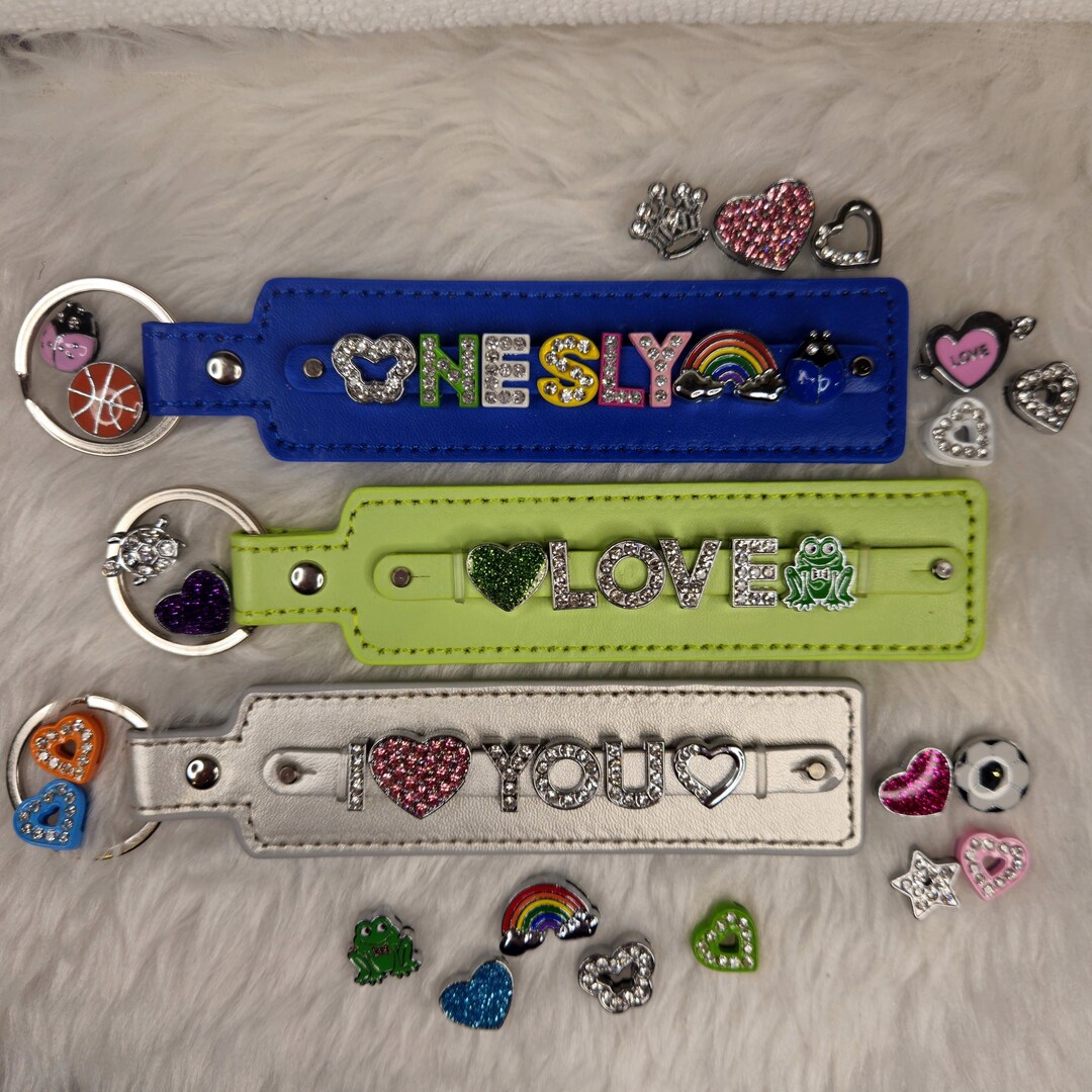Personalized Leather Keychain With Bling Charms, Rhinestone Letter ...