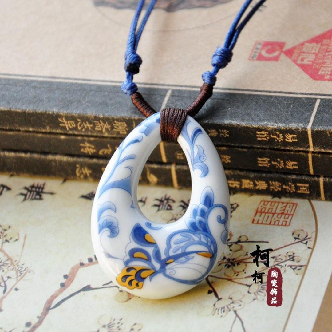 Fern Necklace, Delft Blue Necklace, Ceramic Pendant Necklace, Royal ...