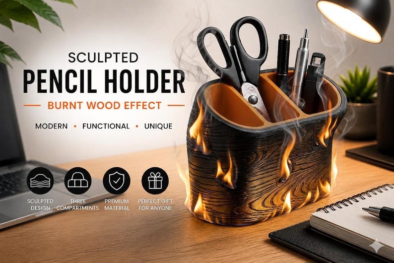 Sculpted Pencil Holder | Burnt Wood Effect, Modern Desk Decor, Three ...