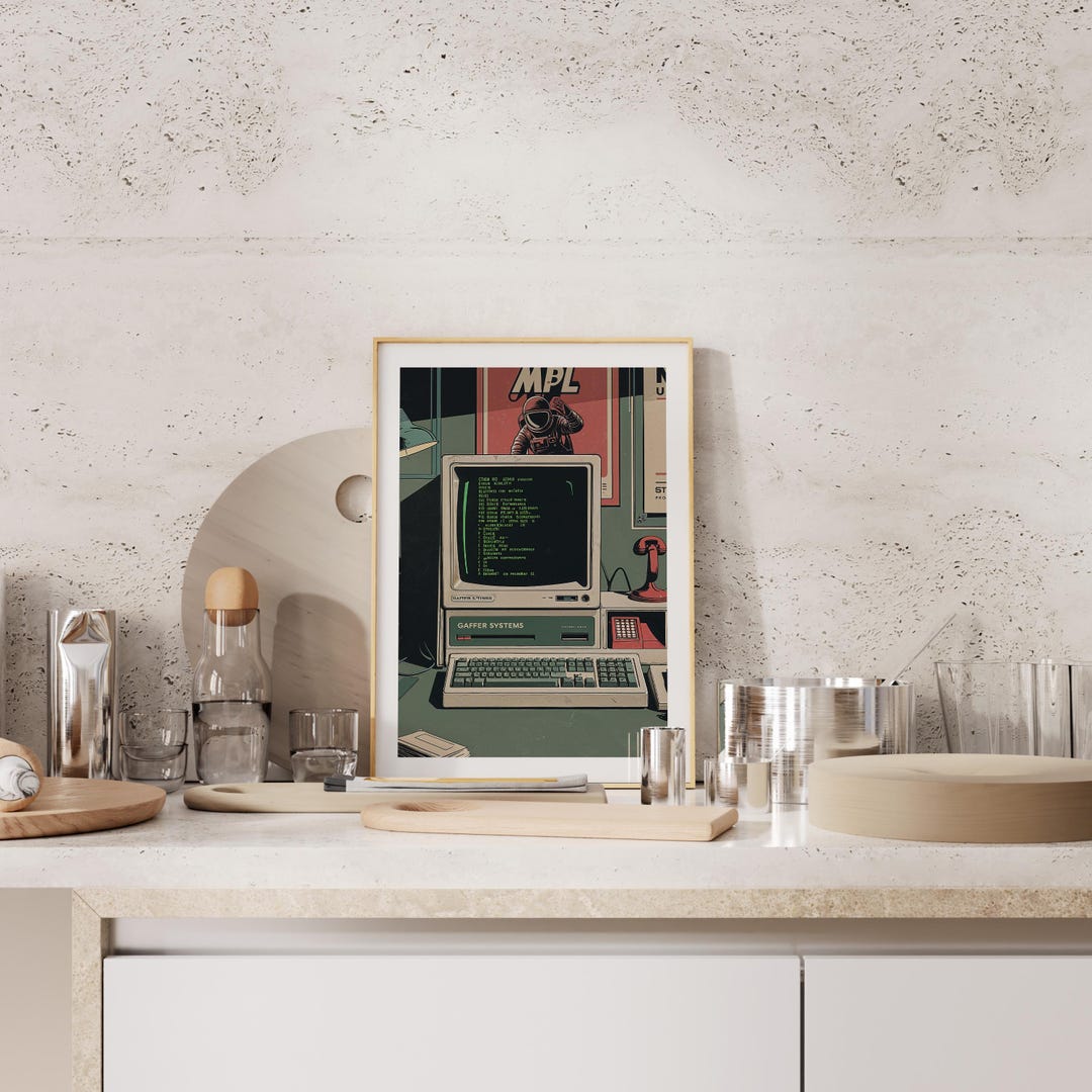 Retro Futuristic Office Wall Art, Vintage Sci-fi Work Table Print ...