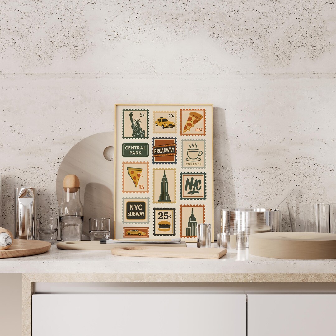 NYC Stamp Art Print – Retro New York City Poster - Etsy UK