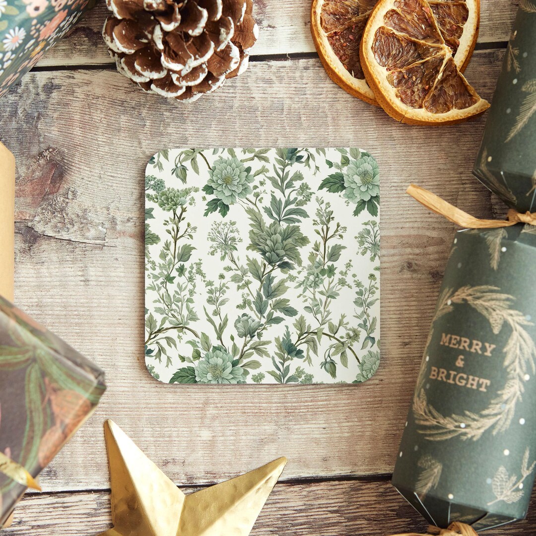 Green French Country Floral Coaster Set, Wildflower Toile De Jouy Decor ...