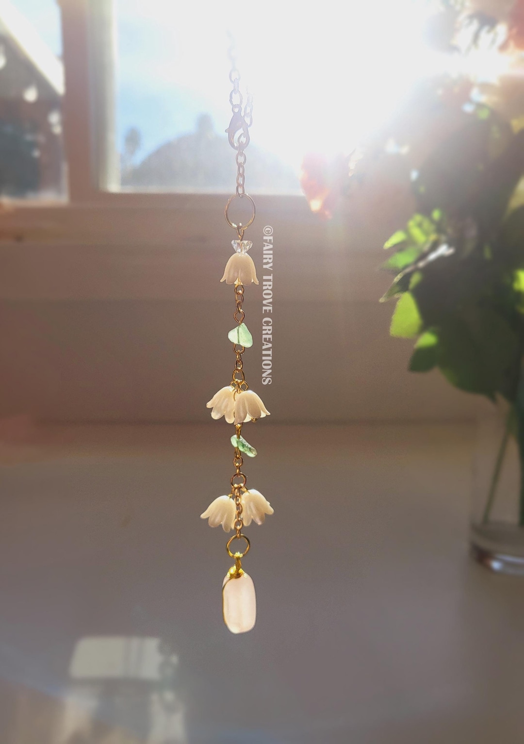 Lily of the Valley With Rose Quartz Car Rear View Mirror Charm, Car ...