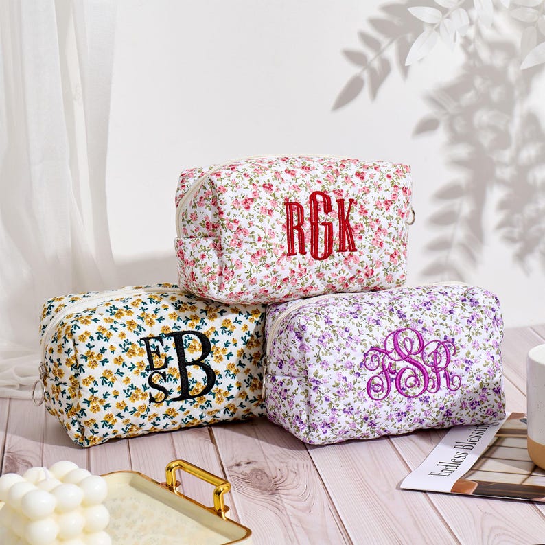 Custom Makeup Bag, Handmade Quilted Cotton Cosmetic Bag, Cute Floral ...