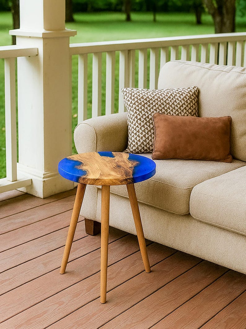 Farmhouse Clear Epoxy Olive Wood Side Table, Unique Small Round Lagoon ...