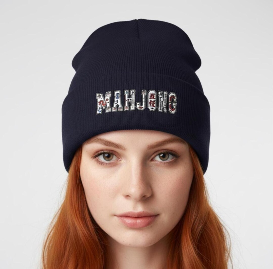 Embroidered Mahjong Cuffed Beanie | Classic Winter Hat, Unique Gift for ...