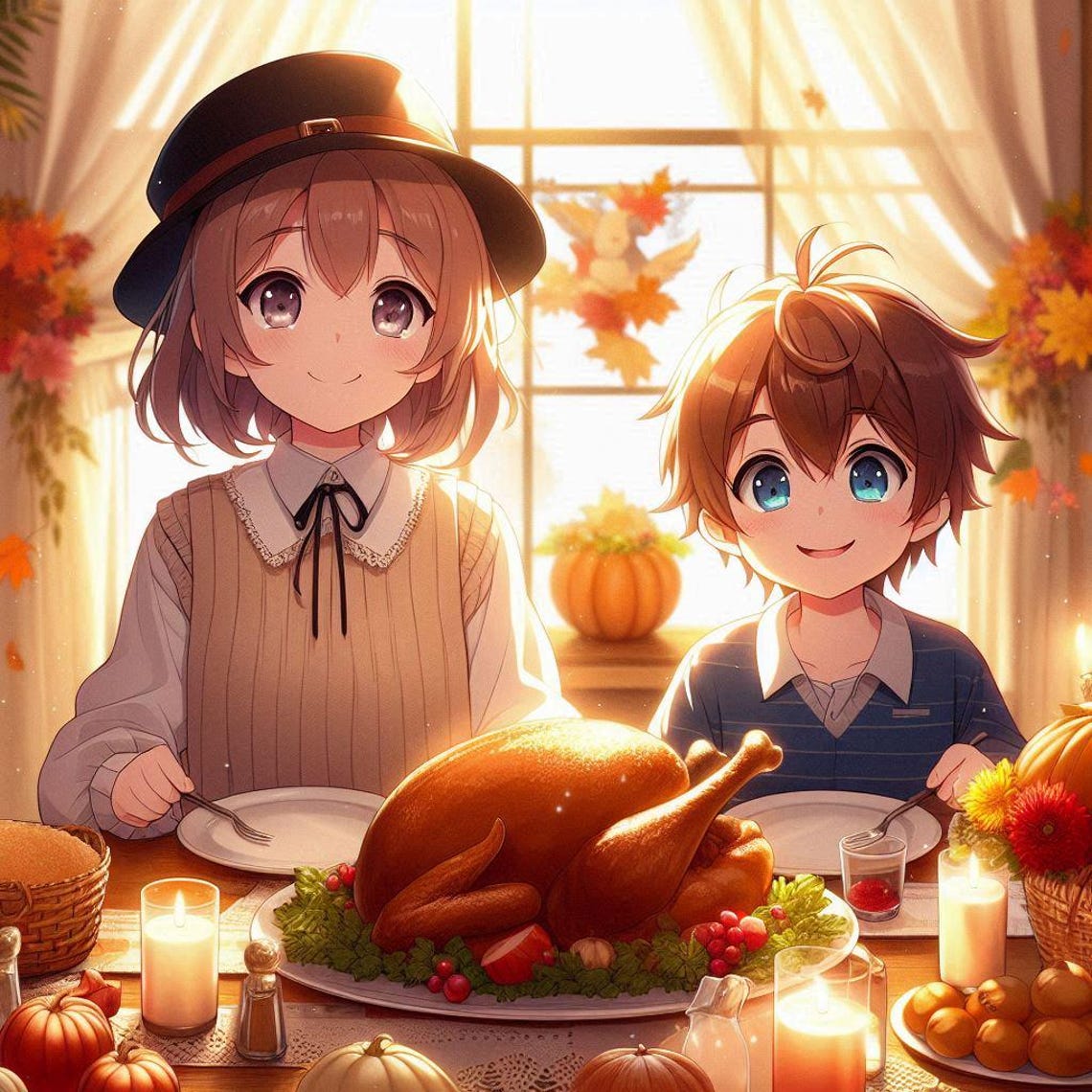Thanksgiving Anime Art Family Girl Boy Grandma & Grandpa Animated ...