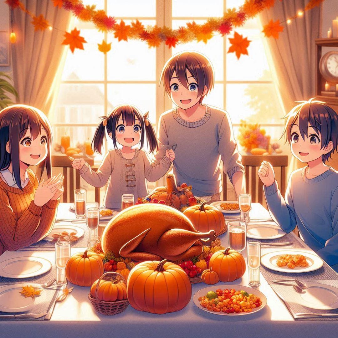 Thanksgiving Anime Art Family Girl Boy Grandma & Grandpa Animated ...