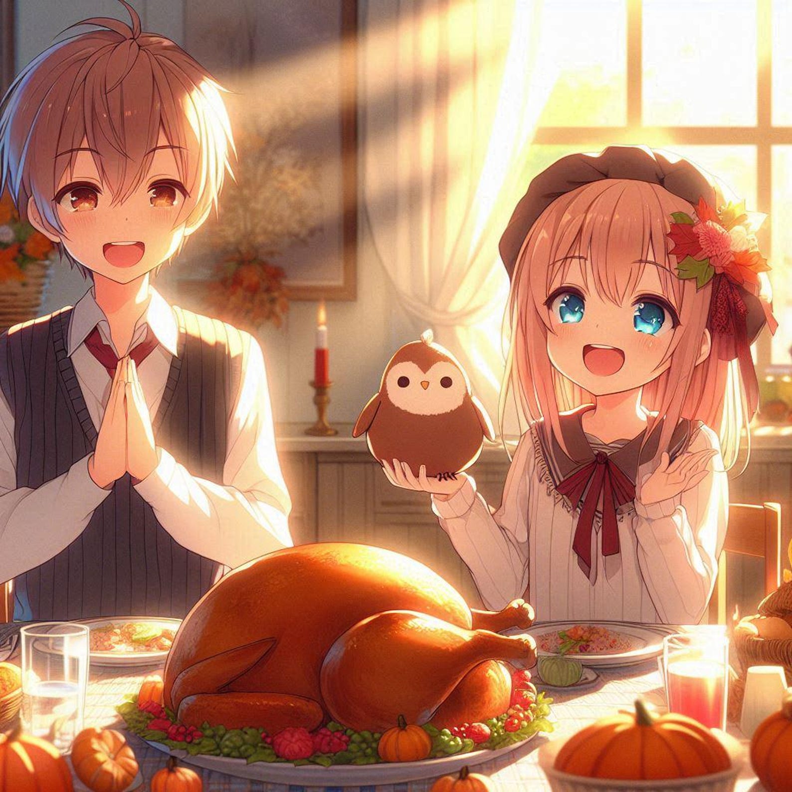 Thanksgiving Anime Art Family Girl Boy Grandma & Grandpa Animated ...