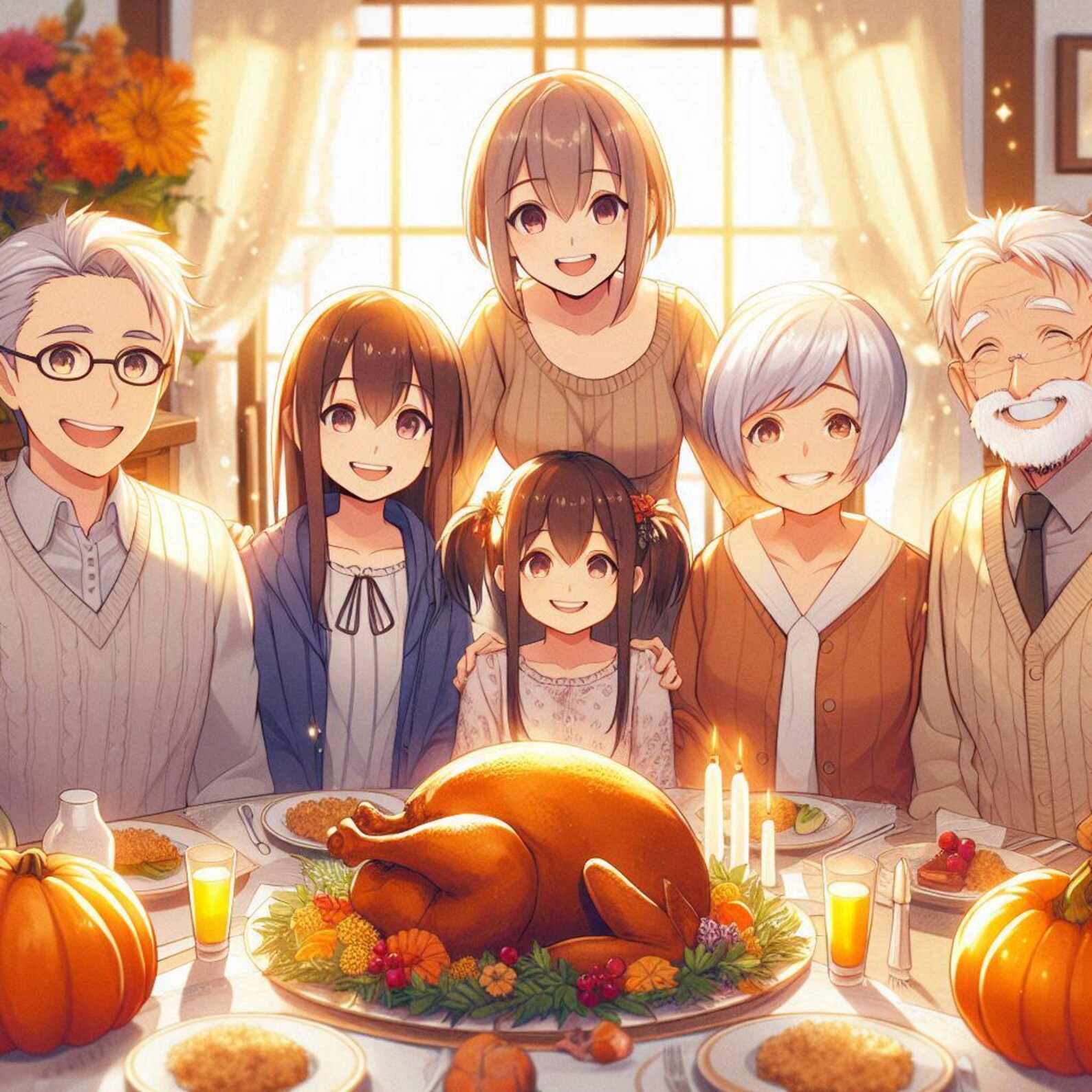 Thanksgiving Anime Art Family Girl Boy Grandma & Grandpa Animated ...