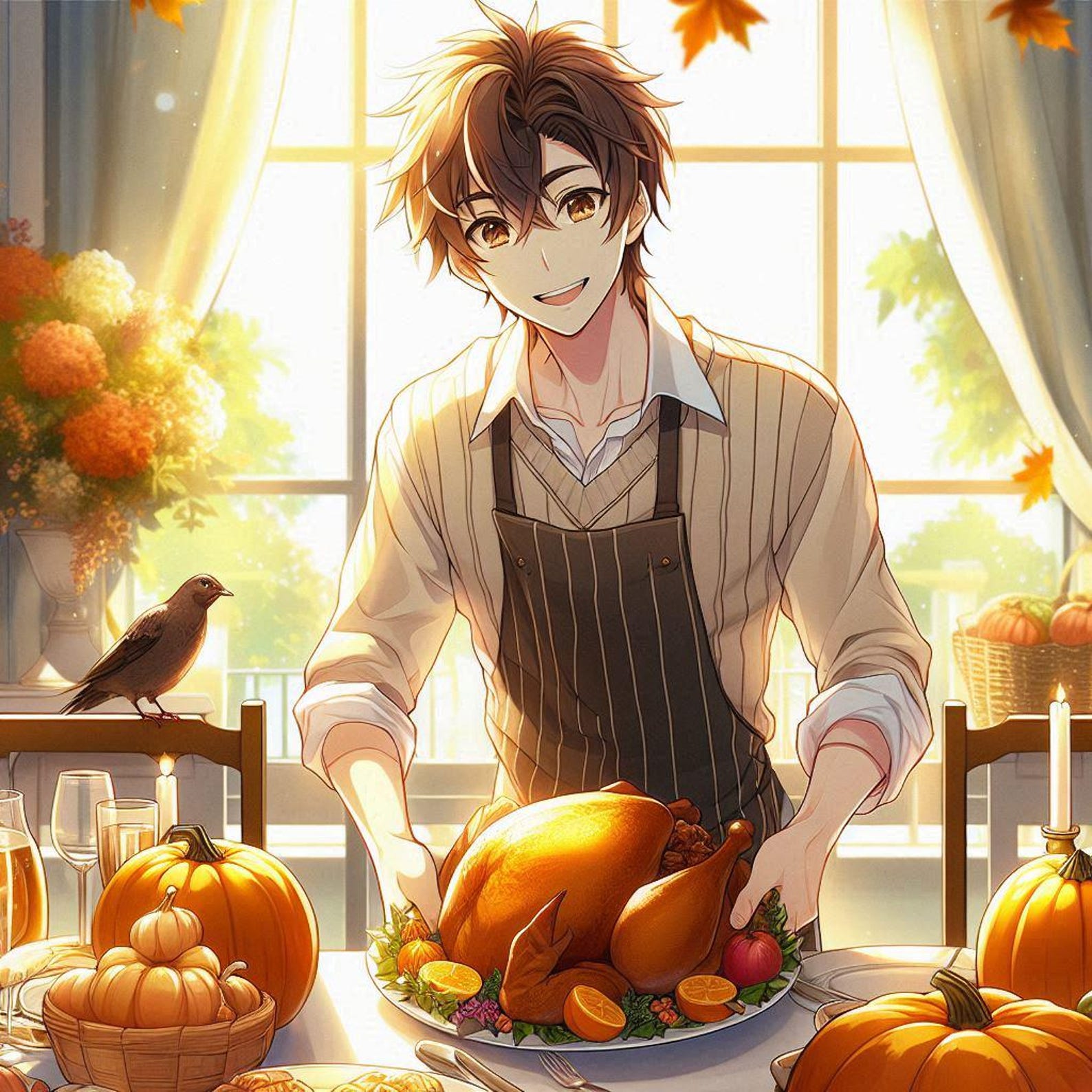 Thanksgiving Anime Art Family Girl Boy Grandma & Grandpa Animated ...