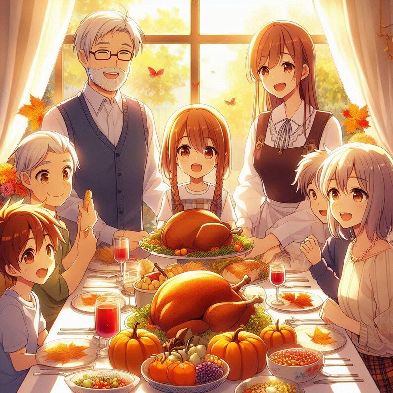 Thanksgiving Anime Art Family Girl Boy Grandma & Grandpa Animated ...