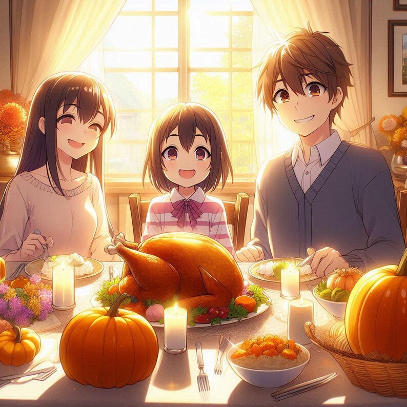 Thanksgiving Anime Art Family Girl Boy Grandma & Grandpa Animated ...