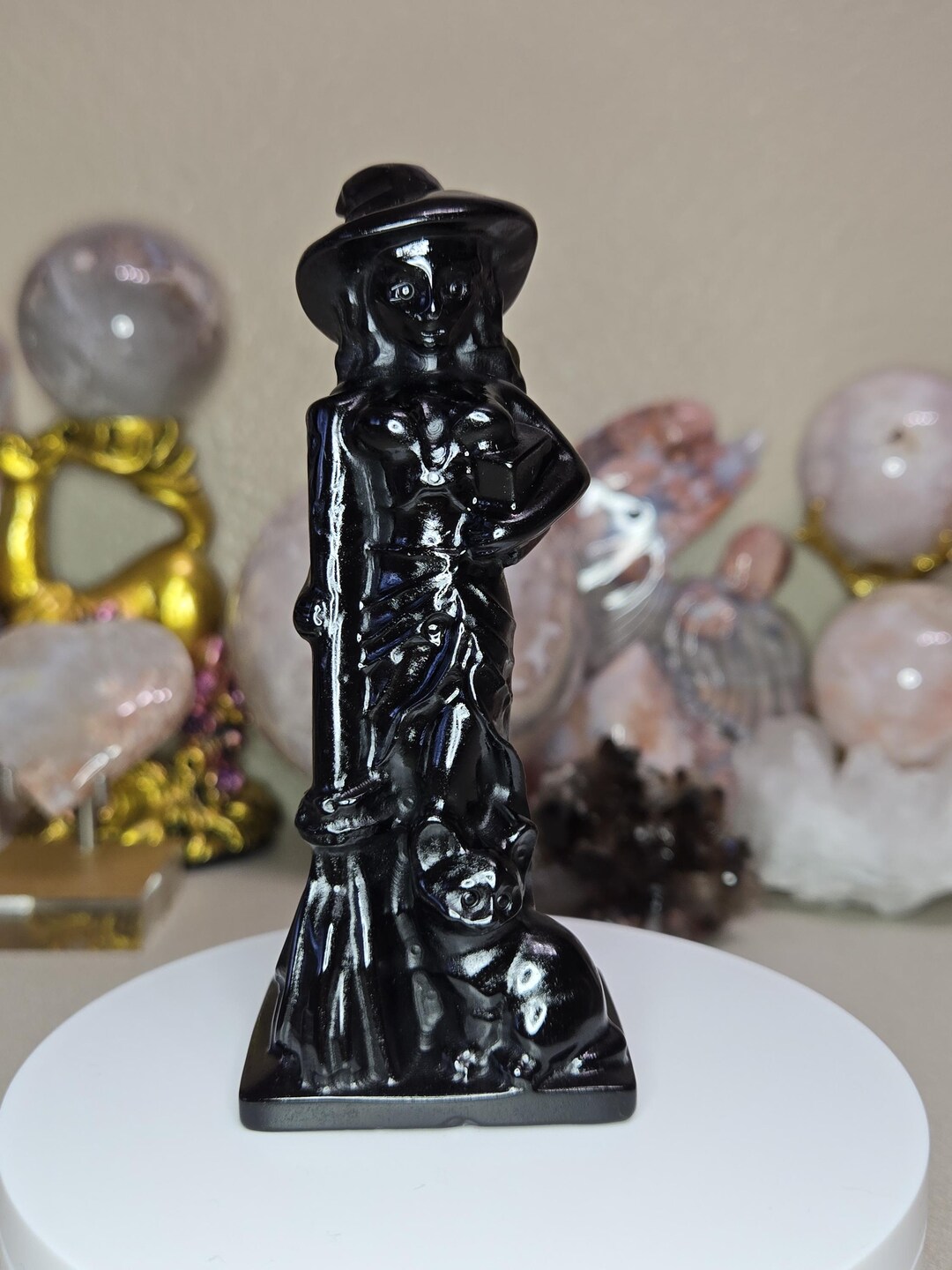 Witch With Broom and Cat Crystal Carving, Black Obsidian - Etsy