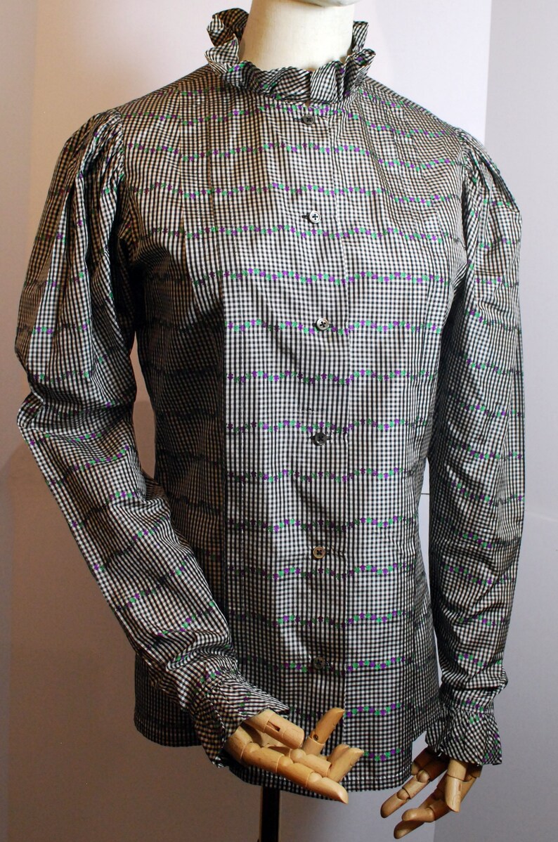 Vintage Silk Taffeta Victorian Style Blouse/ Black & White Check ...