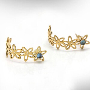 14k Gold Flowers Earrings, Half Hoop Earrings, Blue Topaz Gemstones ...