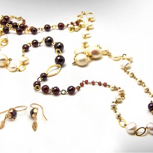 Garnet and Pearls Gemstones Necklace & Earrings Jewelry Set, Delicate ...