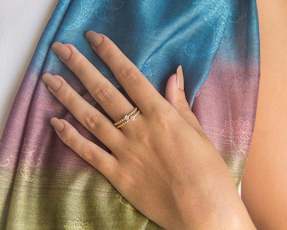 5 Gold Stacking Birthstones Rings February April August - Etsy