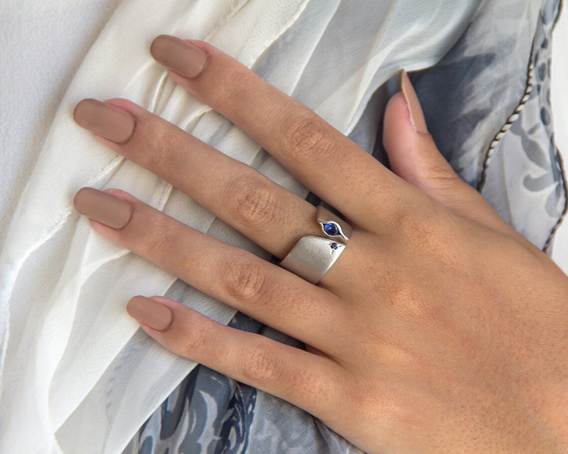 Unique White Gold Ring Wide Engagement Ring Unique Blue | Etsy