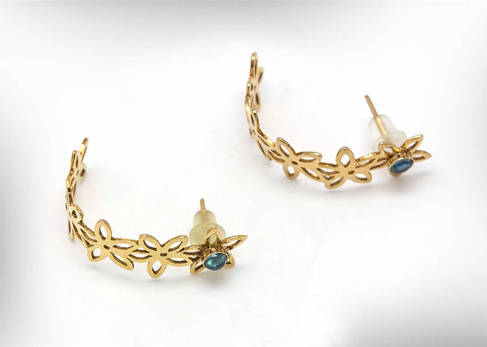 14k Gold Flowers Earrings Half Hoop Earrings Blue Topaz - Etsy