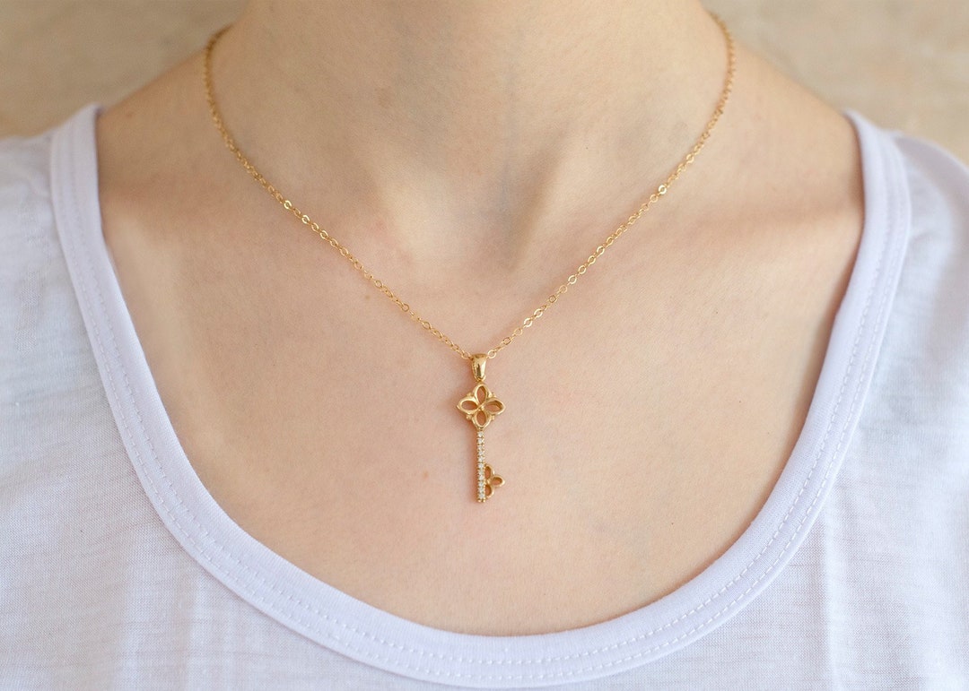 Danty Key Pendant Necklace, 14k or 18k Gold and Diamonds Necklace ...