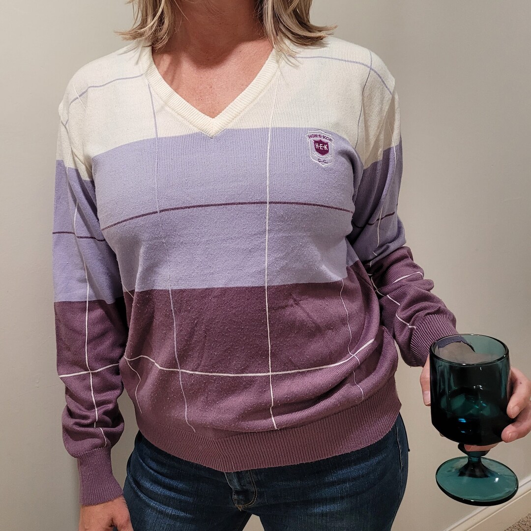 Vintage Unisex Faux Cashmere Golf Country Club V-neck Preppy Purple ...