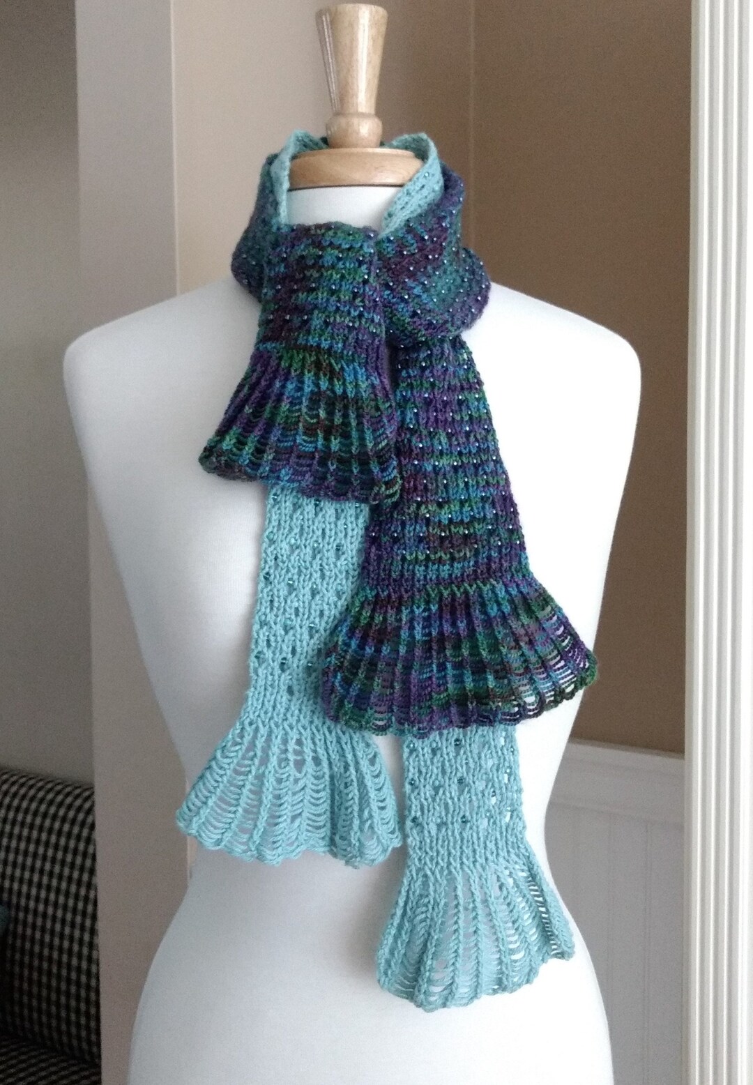 Knitting Pattern PDF- Waterfall Lace Cravat, Beaded Lace Scarf Cowl ...