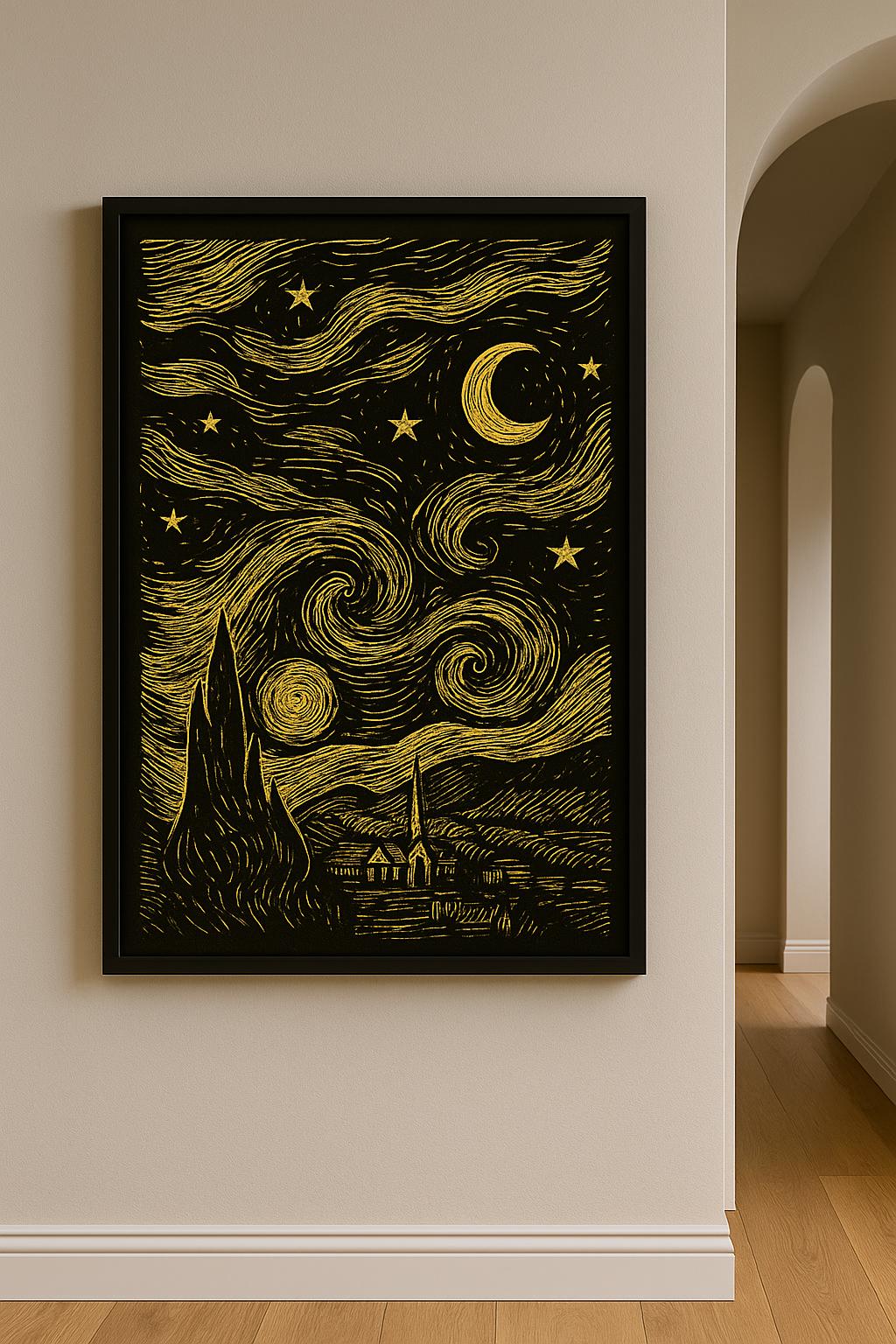 Starry Night Gold Line Art – Crescent Moon and Swirls – Van Gogh ...
