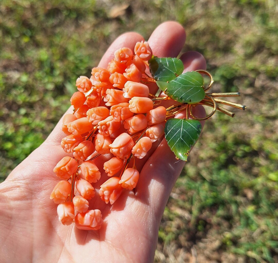 Pink Coral and Nephrite Jade Floral Brooch, 1960's Vintage - Etsy