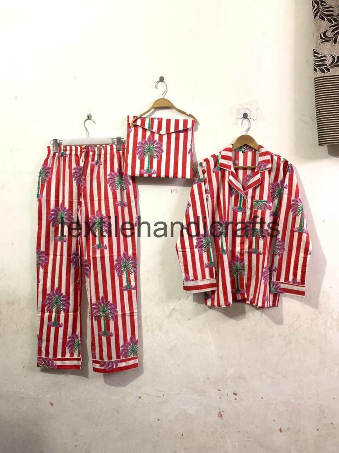 Hand Block Print Palm Tree Pajama Set - Bohemian Cotton Sleepwear ...