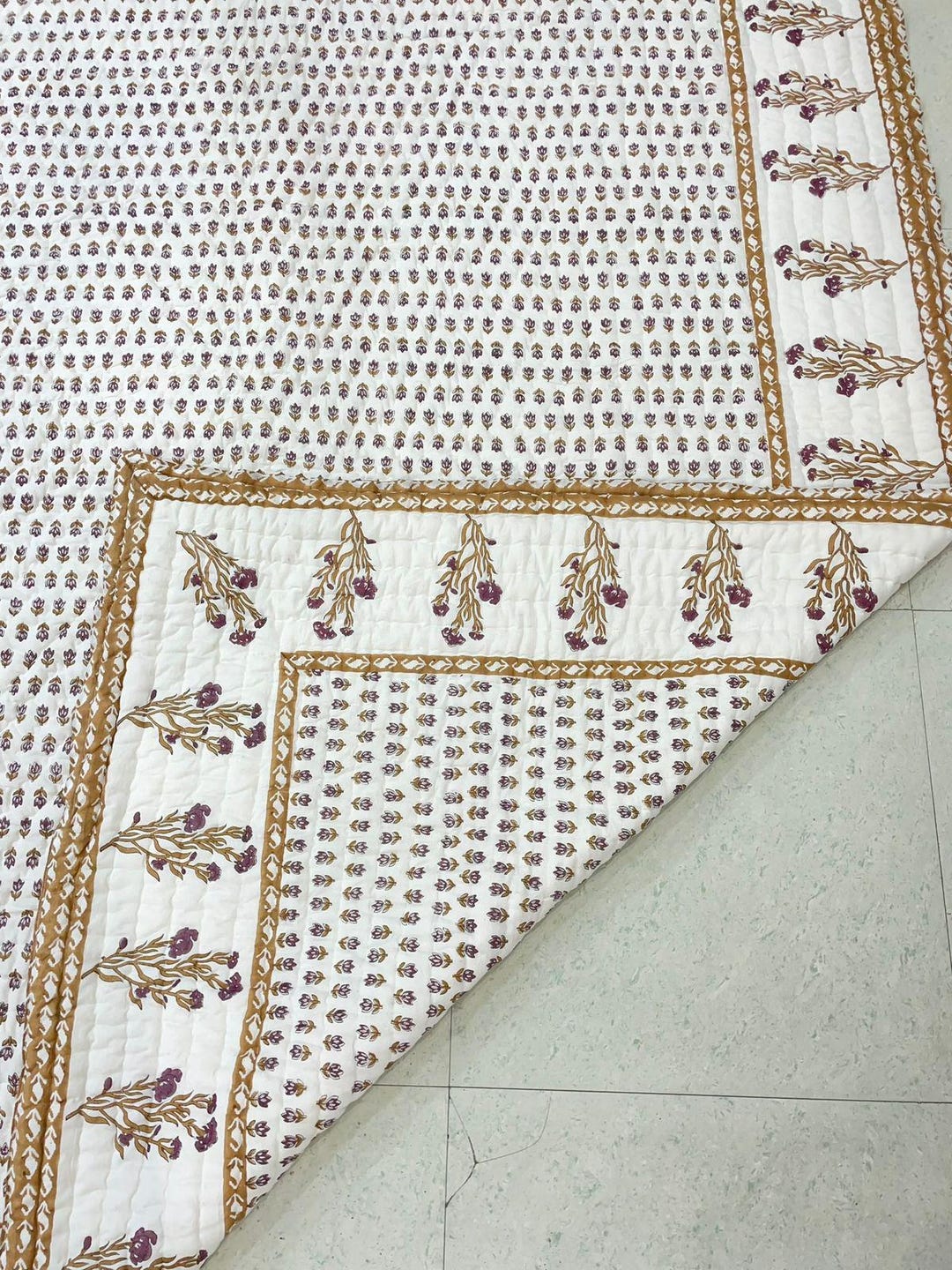 Off White Floral Hand Block Print Quilt Blanket White Handblock Quilt ...