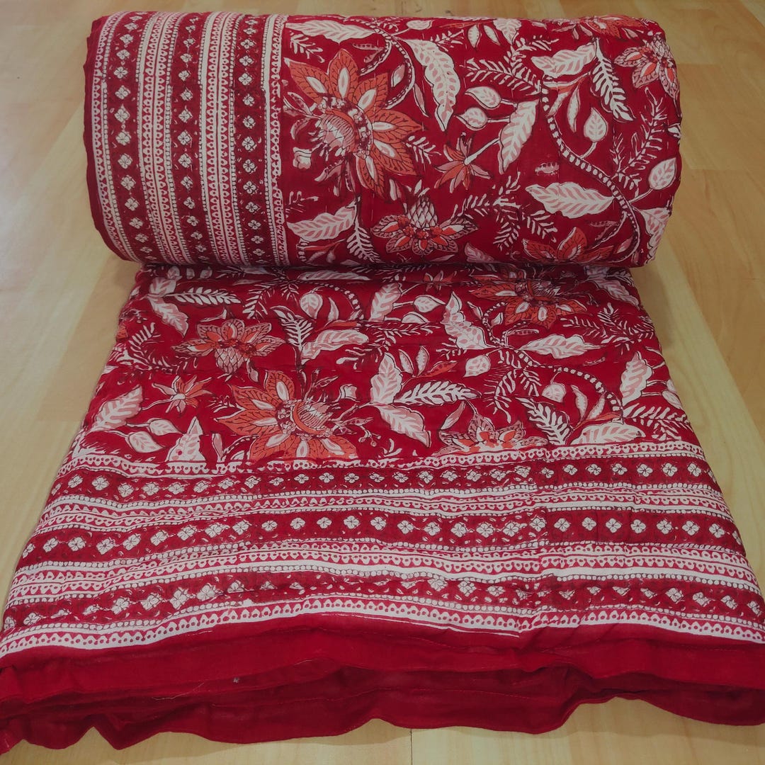 Red Floral Print Beautiful Hand Block Printed Cotton Quilt, Red Floral ...