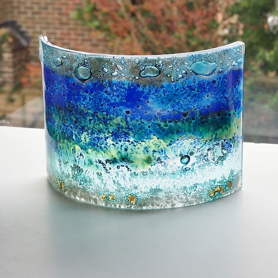 Fused Glass Seascape Candle Screen Curve Glass Beach Scene - Etsy UK