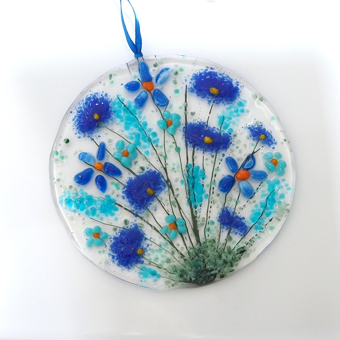 Fused Glass Sun-catcher – Blue Flowers, Handmade Home Decor - Etsy