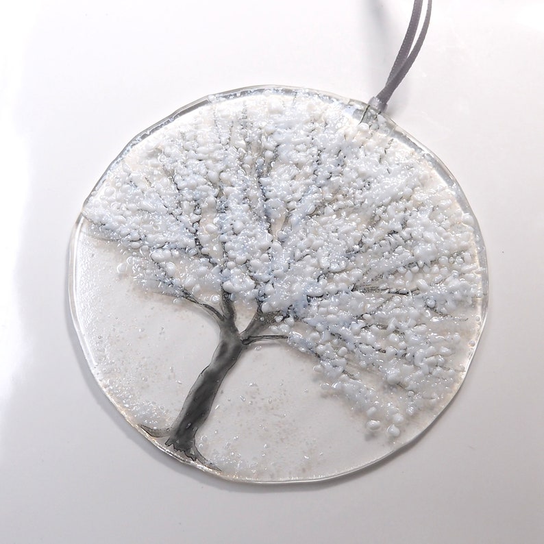 Fused Glass Winter Tree Suncatcher: Snowy Scene, Handmade Decor EH 1311 ...