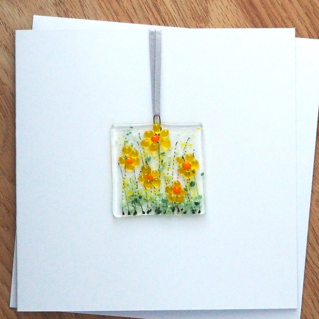 Glass Flowers Greetings Card Handmade Fused Glass Card Yellow Daisy ...