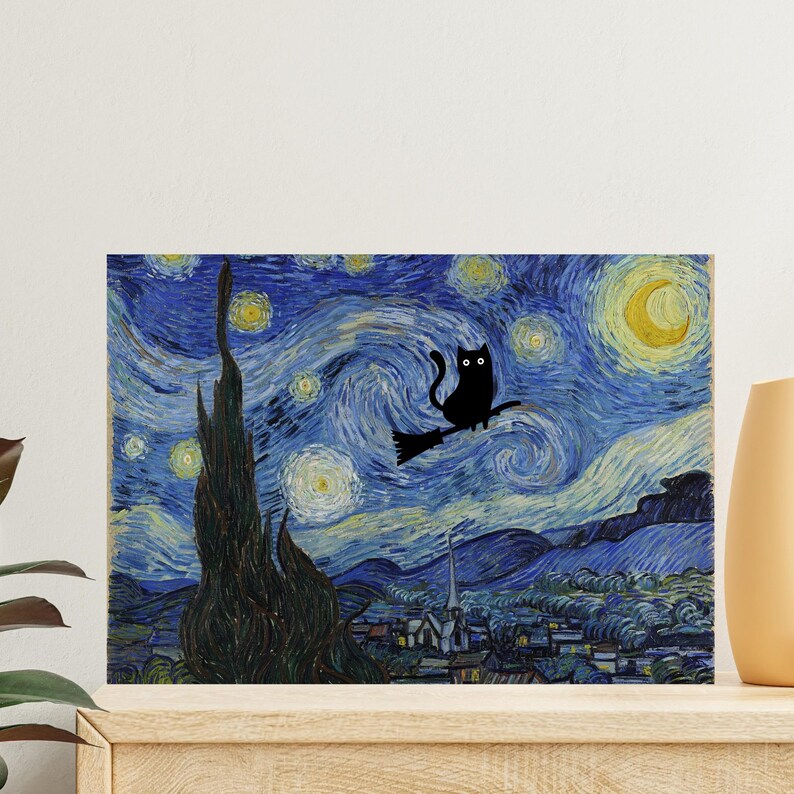 The Starry Night - Vincent Van Gogh X Black Cat Art Print - Funny Wall ...