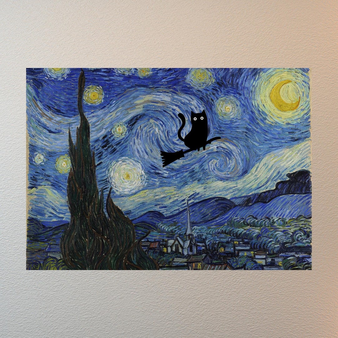 The Starry Night - Vincent Van Gogh X Black Cat Art Print - Funny Wall ...