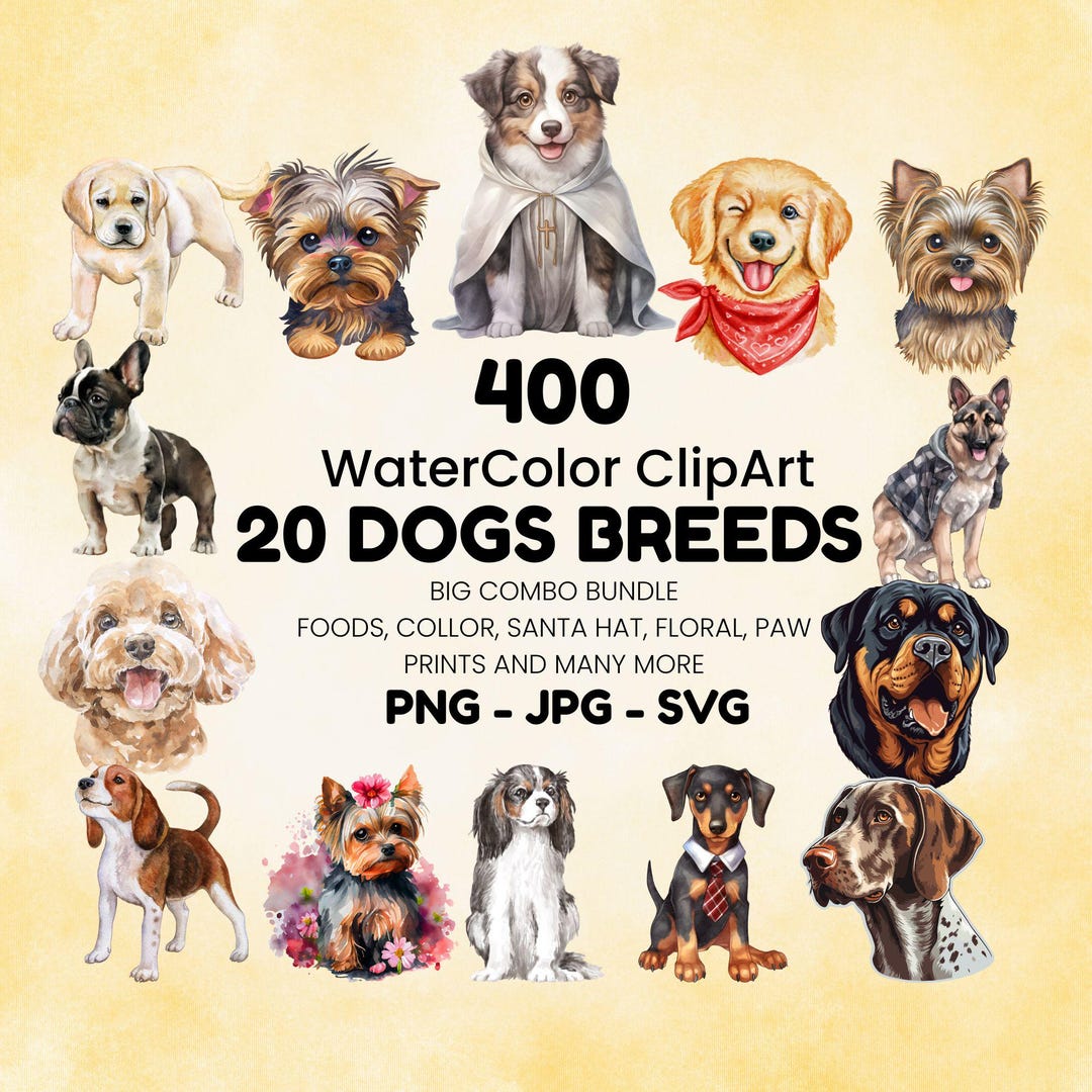 Watercolor Dog Breeds Clipart Bundle: 400+ PNG, SVG, JPG Graphics ...