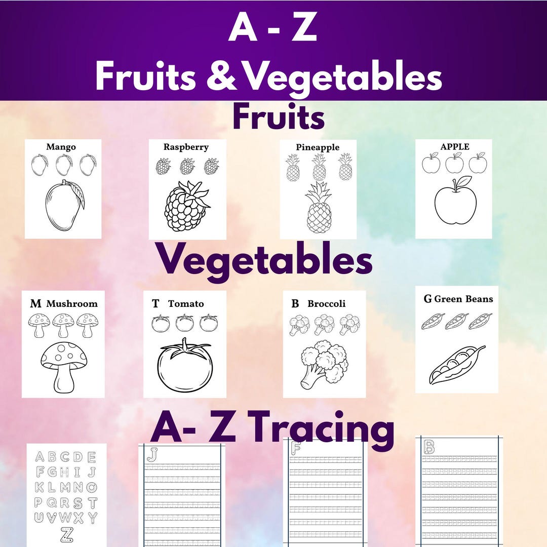 Fruits & Vegetables Coloring Bundle for Kids | A–Z (fruits + Veggies ...