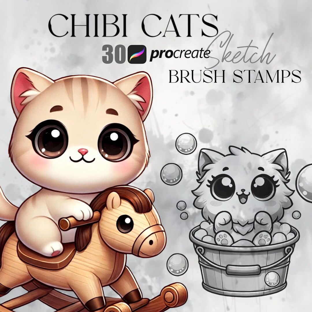 Chibi Cat Stamps for Procreate | Cute Cat Stamp Brush Set | 30 Adorable ...