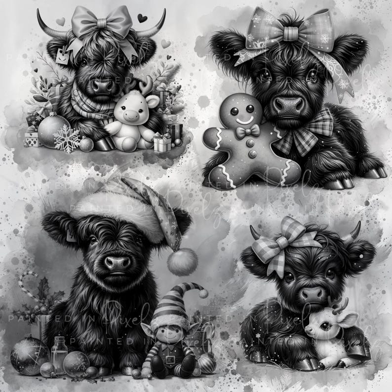 Watercolor Christmas Highland Cow Stamp Set for Procreate | 20 Festive ...