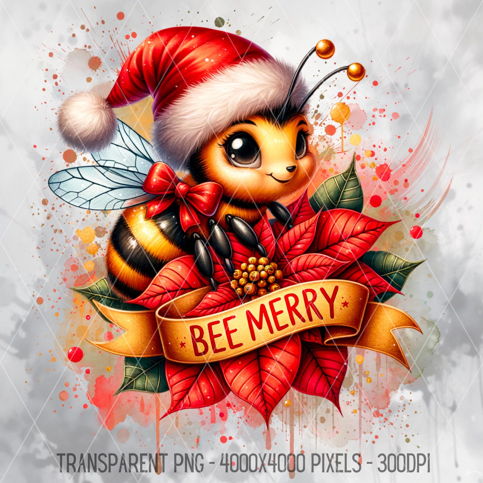 Bee Merry Christmas PNG, 4000px 300dpi Festive Bee Clipart, Transparent ...