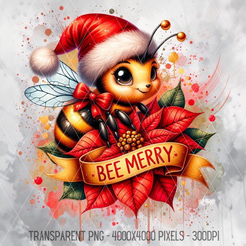 Bee Merry Christmas PNG, 4000px 300dpi Festive Bee Clipart, Transparent ...