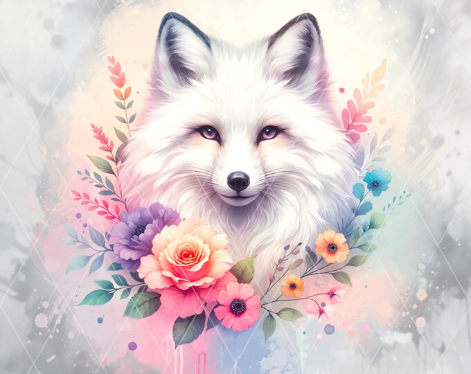 Pastel Fox PNG, Beautiful Fox With Florals Watercolor JPG, Wildlife and ...