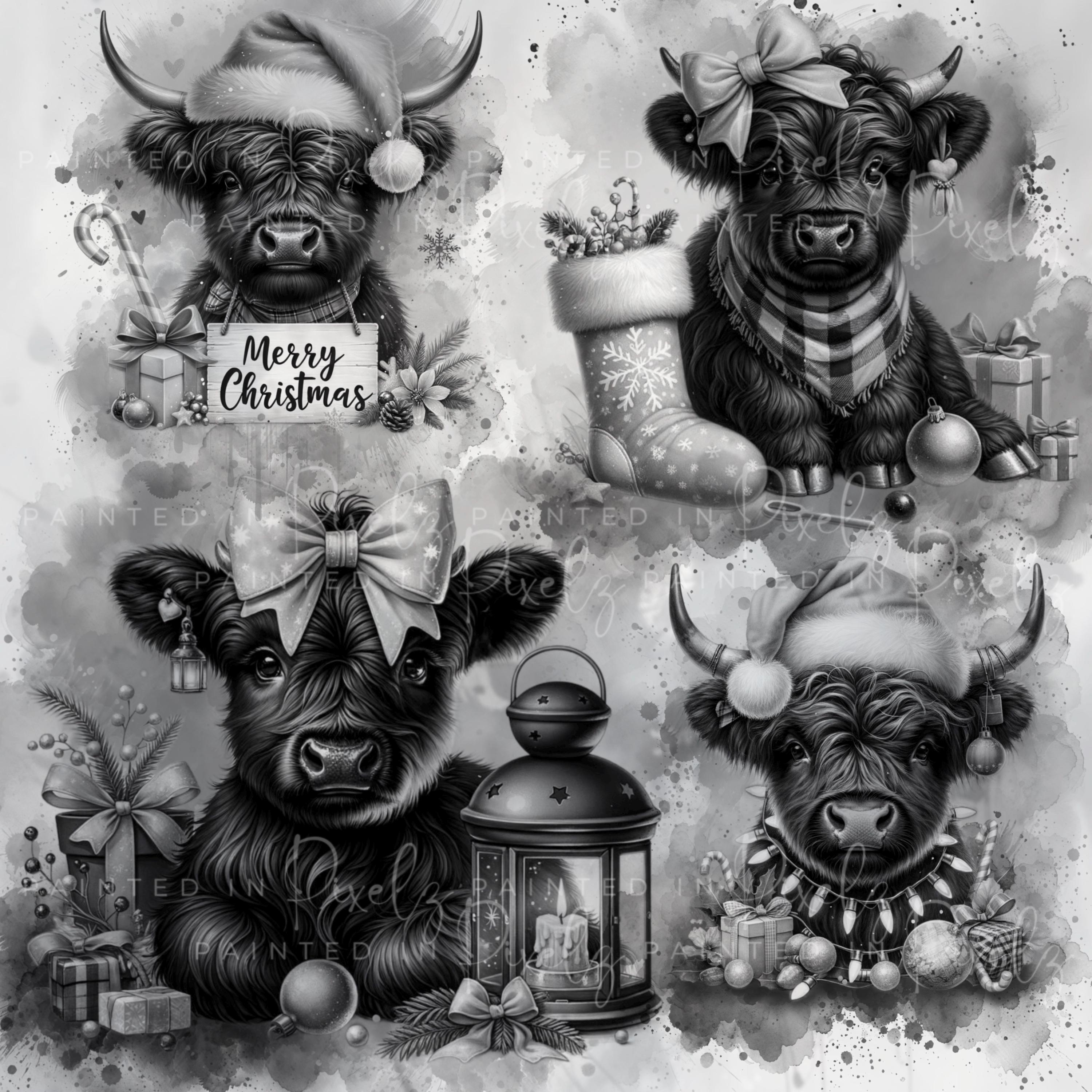 Watercolor Christmas Highland Cow Stamp Set for Procreate | 20 Festive ...