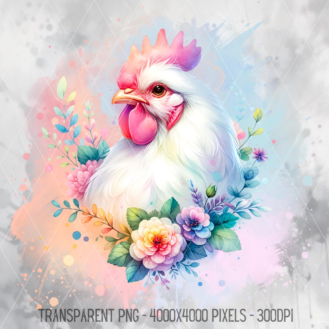 Pastel Chicken Art PNG, Beautiful Hen Portrait With Florals JPG, Chook ...
