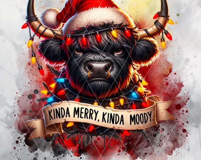 Watercolor Christmas Highland Cow PNG | “kinda Merry, Kinda Moody ...